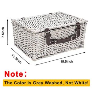 Picnic Basket for 2 Persons with Waterproof Blanket, Durable Wicker Picnic Hamper Set, Willow Picnic Basket Accessories Plates and Utensils, Perfect Wedding, Birthday Gift (Grey Washed)