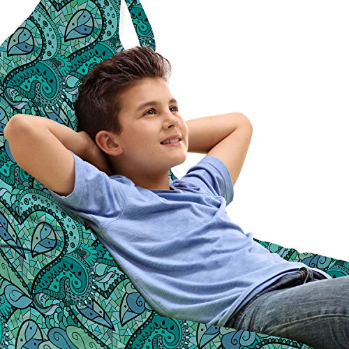 Lunarable Teal Lounger Chair Bag, Floral Pattern Heart Leaf Shapes Tribal Boho Cultural Design Illustration, High Capacity Storage with Handle Container, Lounger Size, Green Teal