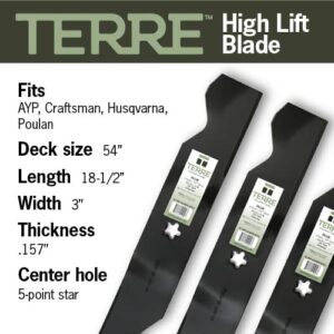 Terre Products, 3 Pack High Lift Lawn Mower Blades, 54 Inch Deck, Compatible with Craftsman, Poulan, Husqvarna, Replacement for PP24007, 187254, 187256, 532187254, 532187256