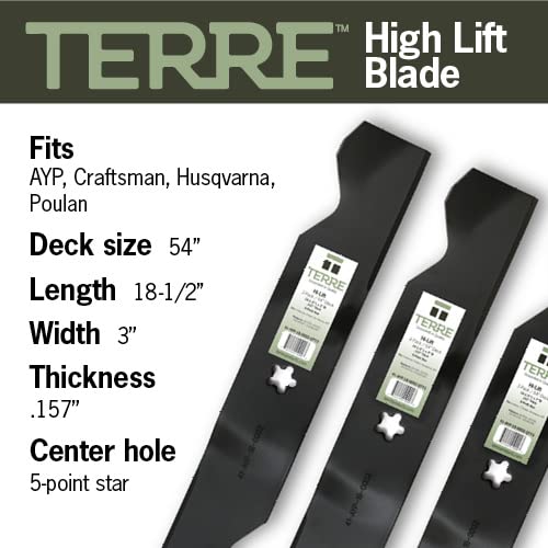 Terre Products, 3 Pack High Lift Lawn Mower Blades, 54 Inch Deck, Compatible with Craftsman, Poulan, Husqvarna, Replacement for PP24007, 187254, 187256, 532187254, 532187256