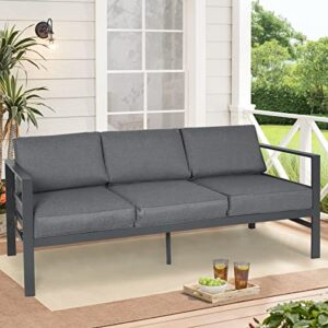 phikoova patio furniture aluminum couch, 3-seat all-weather contemporary aluminum outdoor sofa aluminum outdoor seating with cushions, gray frame