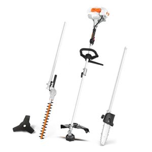 sunseeker 26cc weed eater/wacker gas powered, 4 in 1 string trimmer, wheeled edger, hedge trimmer and brush cutter blade, multi yard care tools, rubber handle & shoulder strap included