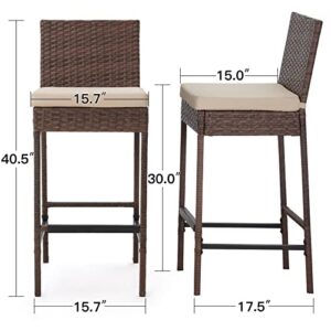 ECOTOUGE Wicker Bar Height Chairs Set of 4, Patio Rattan Bar Stools Counter Height with Cushion, Outdoor Bar Chairs Armless for Backyard, Poolside, Deck (Brown)