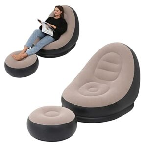 inflatable lounge chair for adults, folding portable lazy sofa with foot stool lazy flocking recliner chair air couch sofa for indoor livingroom gaming bedroom office balcony, outdoor travel camping