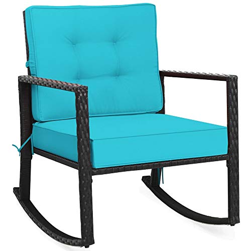 Hypeshops Patio Rattan Rocker Chair Outdoor Glider Wicker Rocking Chair Turquoise Cushion