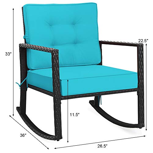 Hypeshops Patio Rattan Rocker Chair Outdoor Glider Wicker Rocking Chair Turquoise Cushion