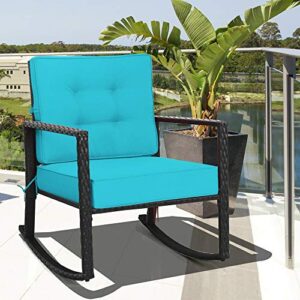 Hypeshops Patio Rattan Rocker Chair Outdoor Glider Wicker Rocking Chair Turquoise Cushion