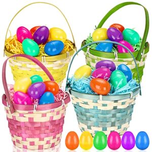 4 set large easter basket bulk with 24 pcs easter eggs, handle round bamboo woven basket with plastic easter eggs and 4 pcs colored raffia grass for kids baby easter bunny party supplies