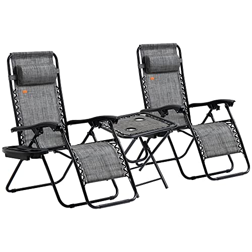 Outsunny Zero Gravity Chairs Set of 2 with Folding Table & Cup Holder Trays, Reclining Chaise Lounge Pool, Camping & Patio Chairs, Pillows, Gray