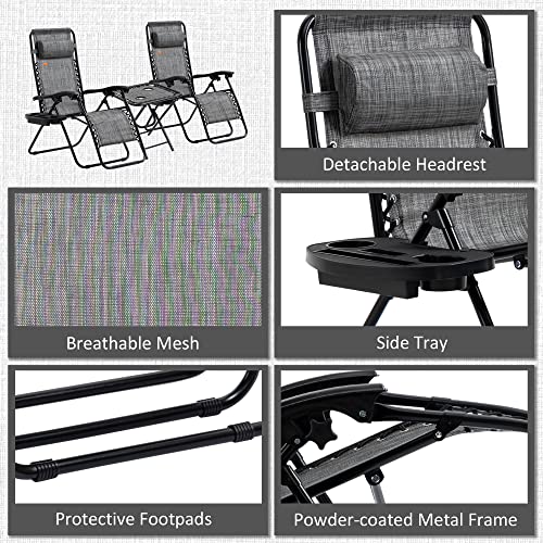 Outsunny Zero Gravity Chairs Set of 2 with Folding Table & Cup Holder Trays, Reclining Chaise Lounge Pool, Camping & Patio Chairs, Pillows, Gray