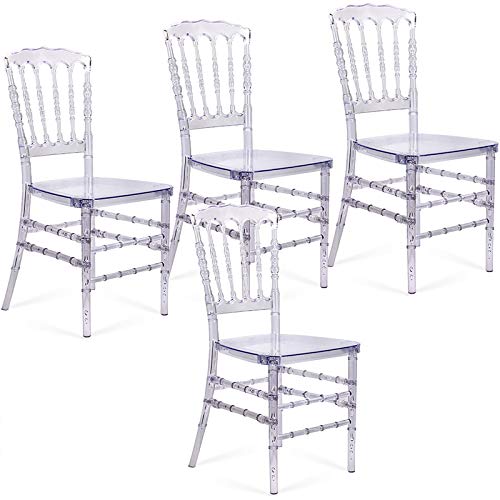 FOH 4Pcs Clear Resin Napoleon Chair, Crystal Wedding Chair, Elegance Stacking Transparent Chiavari Chair, Outdoor Hotel Restaurant Kitchen Home Dining Side Chair