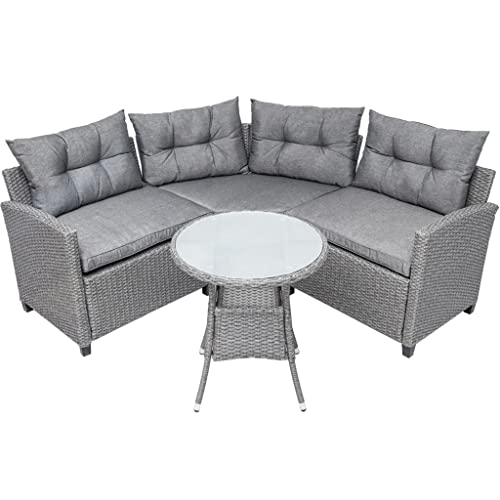 QUUL 4-Piece Resin Wicker Patio with Round Table, Gray Cushion Furniture Set Sofa-Type Garden Pool Balcony