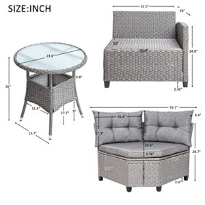 QUUL 4-Piece Resin Wicker Patio with Round Table, Gray Cushion Furniture Set Sofa-Type Garden Pool Balcony