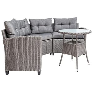 QUUL 4-Piece Resin Wicker Patio with Round Table, Gray Cushion Furniture Set Sofa-Type Garden Pool Balcony