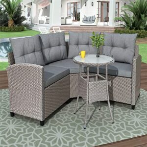 QUUL 4-Piece Resin Wicker Patio with Round Table, Gray Cushion Furniture Set Sofa-Type Garden Pool Balcony