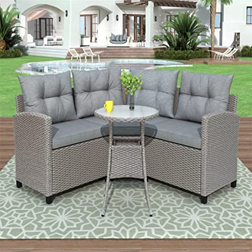 QUUL 4-Piece Resin Wicker Patio with Round Table, Gray Cushion Furniture Set Sofa-Type Garden Pool Balcony