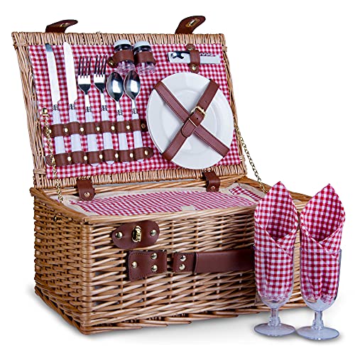 SatisInside Picnic Basket for 2 Wicker Picnic Set with Insulated Liner for Camping,Wedding,Valentine Day,Gift - Reinforced Handle, Red