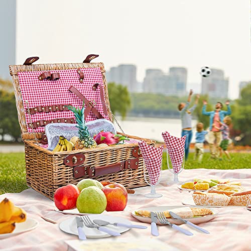 SatisInside Picnic Basket for 2 Wicker Picnic Set with Insulated Liner for Camping,Wedding,Valentine Day,Gift - Reinforced Handle, Red