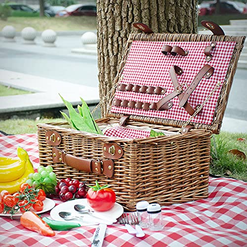 SatisInside Picnic Basket for 2 Wicker Picnic Set with Insulated Liner for Camping,Wedding,Valentine Day,Gift - Reinforced Handle, Red