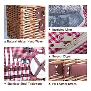 SatisInside Picnic Basket for 2 Wicker Picnic Set with Insulated Liner for Camping,Wedding,Valentine Day,Gift - Reinforced Handle, Red