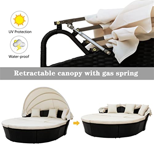 QUUL Rattan Daybed Sunbed Outdoor with Retractable Canopy Wicker Furniture, Round Outdoor Sectional Sofa Set, Black