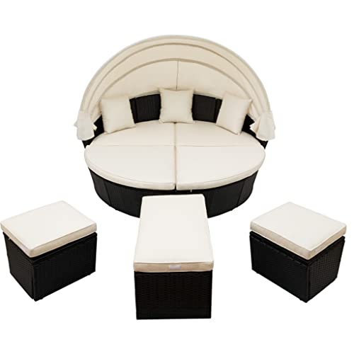 QUUL Rattan Daybed Sunbed Outdoor with Retractable Canopy Wicker Furniture, Round Outdoor Sectional Sofa Set, Black