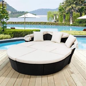 QUUL Rattan Daybed Sunbed Outdoor with Retractable Canopy Wicker Furniture, Round Outdoor Sectional Sofa Set, Black