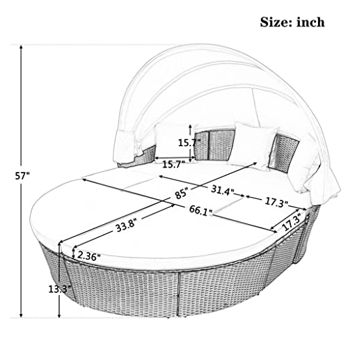 QUUL Rattan Daybed Sunbed Outdoor with Retractable Canopy Wicker Furniture, Round Outdoor Sectional Sofa Set, Black