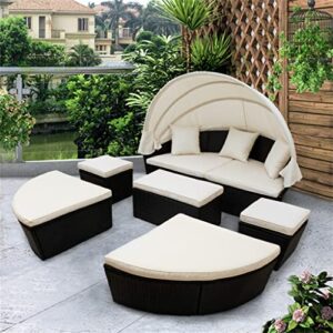 QUUL Rattan Daybed Sunbed Outdoor with Retractable Canopy Wicker Furniture, Round Outdoor Sectional Sofa Set, Black