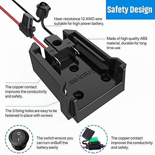 Power Wheel Adapter with Fuse & Switch, Secure Battery Adapter for Milwaukee 18V Lithium Battery, with 12 Gauge Wire, Good Power Convertor for DIY Ride On Truck, Robotics, RC Toys and Work Lights