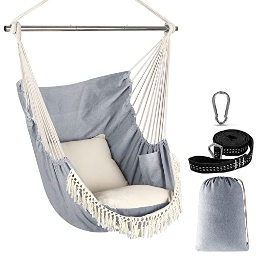 Chihee Hammock Chair Hanging Seat 2 Pillows Included,Durable Stainless Steel Spreader Bar Portable Hanging Chair Side Pocket Large Macrame Chair Set Quality Cotton Weave for Comfort Indoor Outdoor