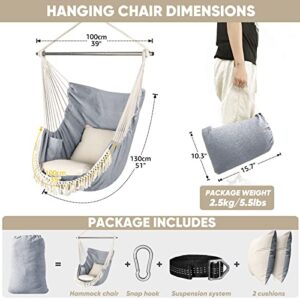 Chihee Hammock Chair Hanging Seat 2 Pillows Included,Durable Stainless Steel Spreader Bar Portable Hanging Chair Side Pocket Large Macrame Chair Set Quality Cotton Weave for Comfort Indoor Outdoor