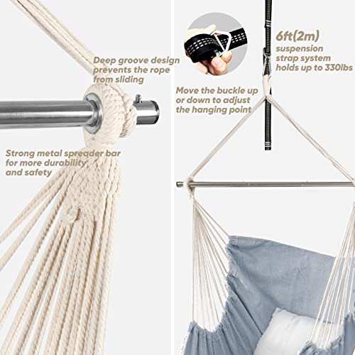 Chihee Hammock Chair Hanging Seat 2 Pillows Included,Durable Stainless Steel Spreader Bar Portable Hanging Chair Side Pocket Large Macrame Chair Set Quality Cotton Weave for Comfort Indoor Outdoor