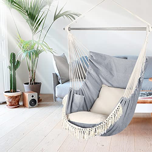 Chihee Hammock Chair Hanging Seat 2 Pillows Included,Durable Stainless Steel Spreader Bar Portable Hanging Chair Side Pocket Large Macrame Chair Set Quality Cotton Weave for Comfort Indoor Outdoor