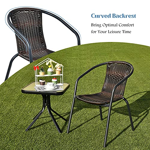 Tangkula Patio Rattan Dining Chairs, No Assembly All-Weather Wicker Stackable Chairs with Curved Backrest and Armrests, Outdoor Bistro Chair Set for Backyard, Garden, Poolside (20, Brown)