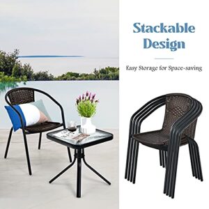 Tangkula Patio Rattan Dining Chairs, No Assembly All-Weather Wicker Stackable Chairs with Curved Backrest and Armrests, Outdoor Bistro Chair Set for Backyard, Garden, Poolside (20, Brown)