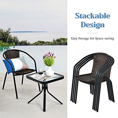 Tangkula Patio Rattan Dining Chairs, No Assembly All-Weather Wicker Stackable Chairs with Curved Backrest and Armrests, Outdoor Bistro Chair Set for Backyard, Garden, Poolside (20, Brown)