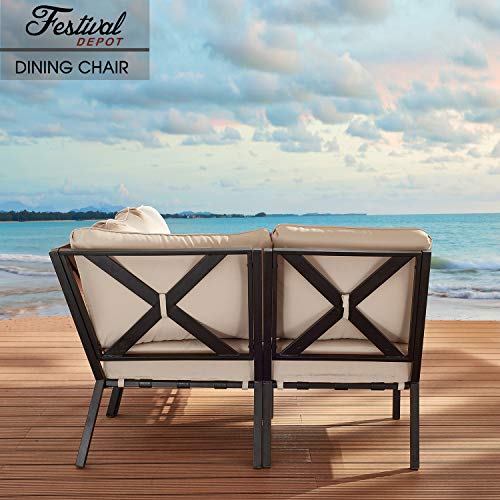 Festival Depot Dining Outdoor Patio Bistro Furniture Corner Chair Sofa Comfort & Soft 4.3" Cushions with Metal Slatted Steel Frame Legs for Garden Poolside All-Weather, 28.3(L)*28.3"(W)*31.5"(H)