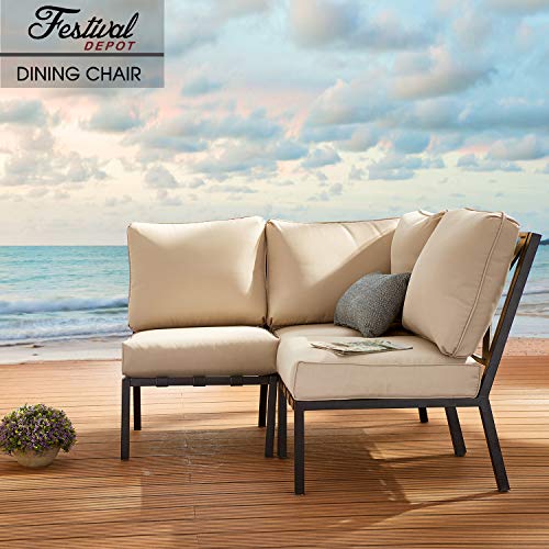 Festival Depot Dining Outdoor Patio Bistro Furniture Corner Chair Sofa Comfort & Soft 4.3" Cushions with Metal Slatted Steel Frame Legs for Garden Poolside All-Weather, 28.3(L)*28.3"(W)*31.5"(H)