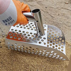 Sand Scoop for Metal Detecting, Stainless Steel with Hexahedron 10mm Holes for Beach Treasure Hunting + Gloves