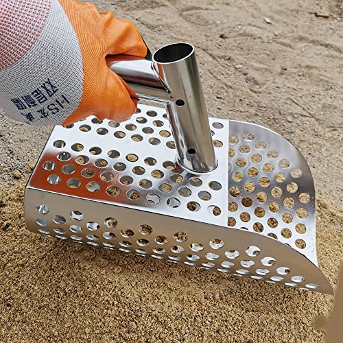 Sand Scoop for Metal Detecting, Stainless Steel with Hexahedron 10mm Holes for Beach Treasure Hunting + Gloves