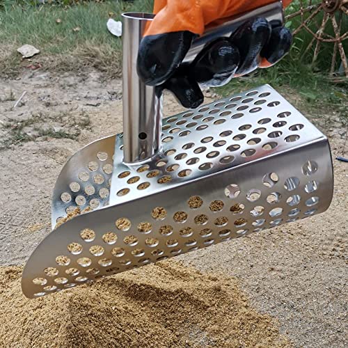 Sand Scoop for Metal Detecting, Stainless Steel with Hexahedron 10mm Holes for Beach Treasure Hunting + Gloves