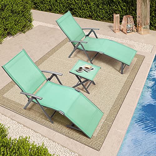 VredHom 3PCS Patio Chaise Lounge & Side Table Set, Outdoor Lounge Chair with End Table Recliner with 8-Positions Adjustable Backrest & Foldable Footrest,Green Textliene & Grey Aluminum Frame