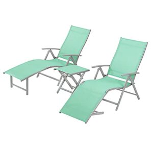 VredHom 3PCS Patio Chaise Lounge & Side Table Set, Outdoor Lounge Chair with End Table Recliner with 8-Positions Adjustable Backrest & Foldable Footrest,Green Textliene & Grey Aluminum Frame