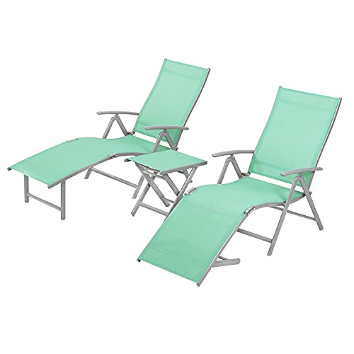 VredHom 3PCS Patio Chaise Lounge & Side Table Set, Outdoor Lounge Chair with End Table Recliner with 8-Positions Adjustable Backrest & Foldable Footrest,Green Textliene & Grey Aluminum Frame