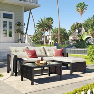 QUUL Outdoor Patio 3 Pcs Rattan Wicker Sofa Set， with Lounger Seat, Beige Cushions