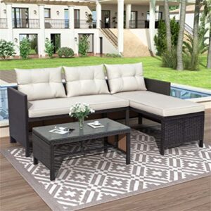 QUUL Outdoor Patio 3 Pcs Rattan Wicker Sofa Set， with Lounger Seat, Beige Cushions