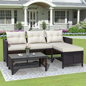 QUUL Outdoor Patio 3 Pcs Rattan Wicker Sofa Set， with Lounger Seat, Beige Cushions