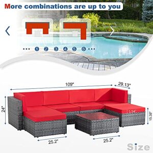 Walsunny 7pcs Patio Outdoor Furniture Sets,Low Back All-Weather Silver Gray Rattan Sectional Sofa with Tea Table&Washable Couch Cushions&Ottoman,Red