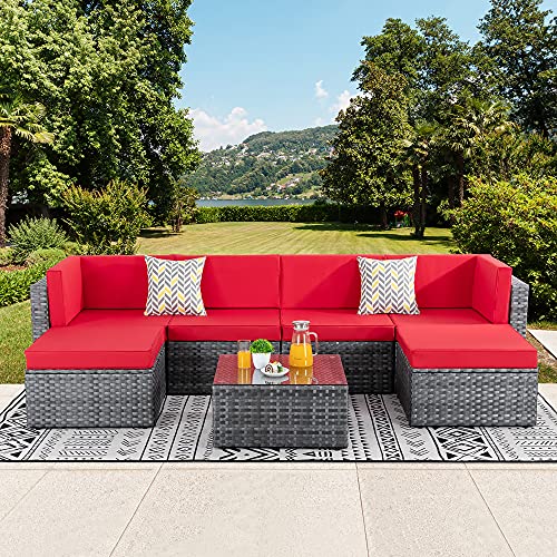 Walsunny 7pcs Patio Outdoor Furniture Sets,Low Back All-Weather Silver Gray Rattan Sectional Sofa with Tea Table&Washable Couch Cushions&Ottoman,Red